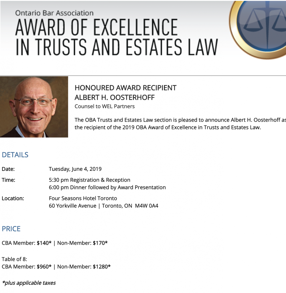 Albert Oosterhoff to be Honoured at OBA Award of Excellence in Trusts ...